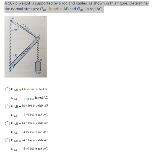 Solved A 10 kip weight is supported by a rod and cables, as | Chegg.com