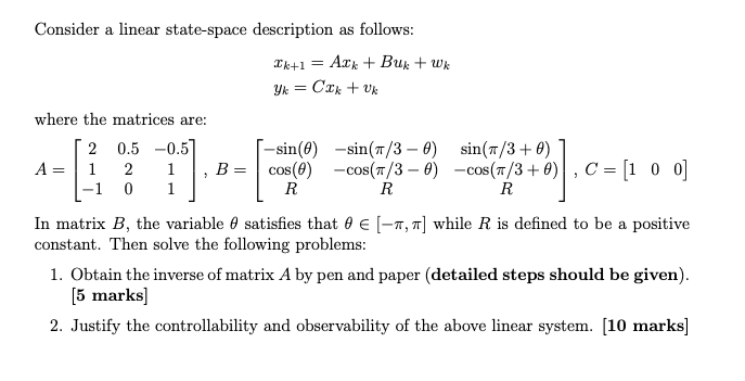 Solved Consider a linear state-space description as follows: | Chegg.com