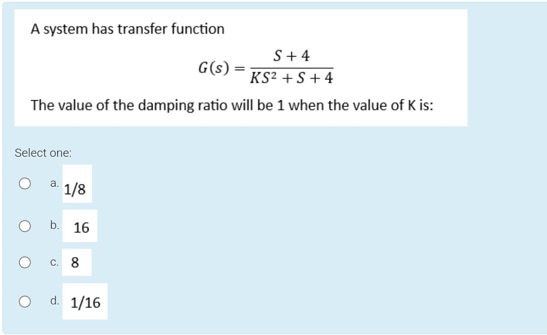 Solved A system has transfer functionG(s)=S+4KS2+S+4The | Chegg.com