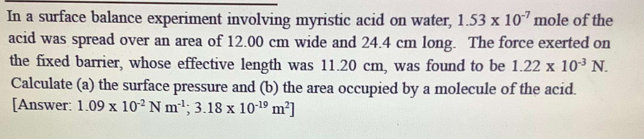 Solved In a surface balance experiment involving myristic | Chegg.com