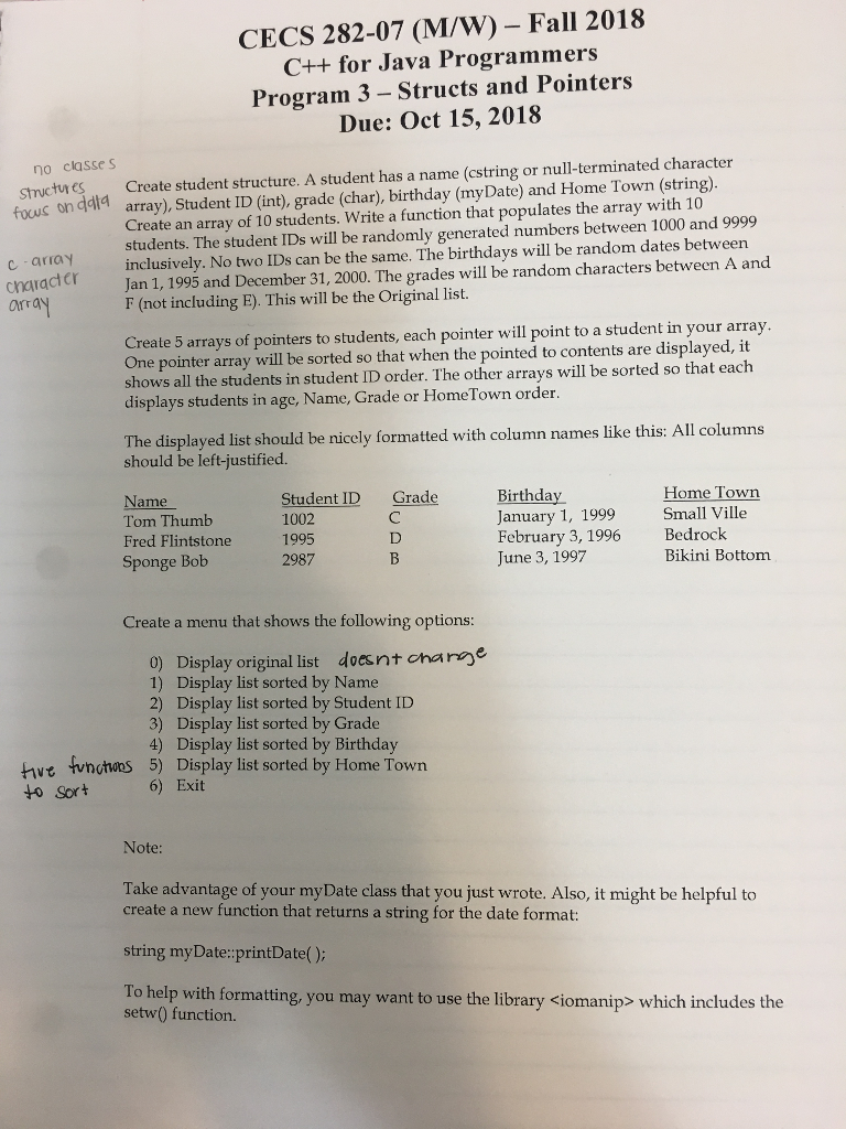 CECS 282-07 (M/W)-Fall 2018 C++ for Java Programmers | Chegg.com