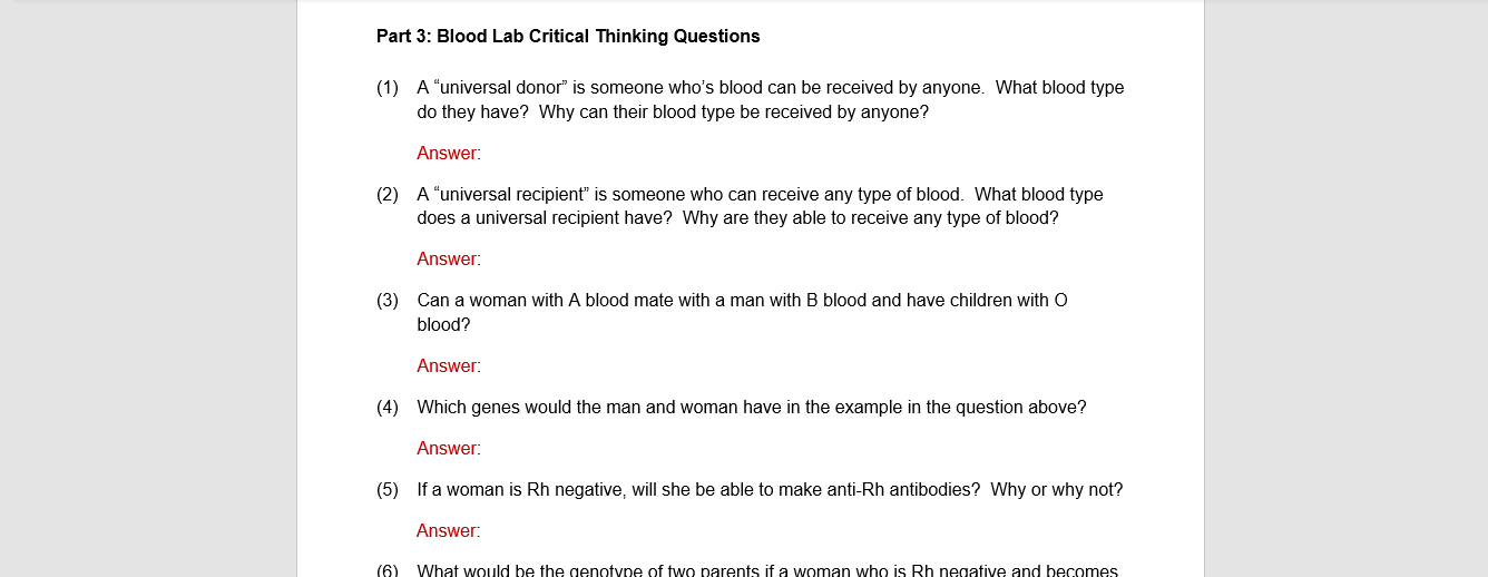 Solved Part 3: Blood Lab Critical Thinking Questions (1) A | Chegg.com