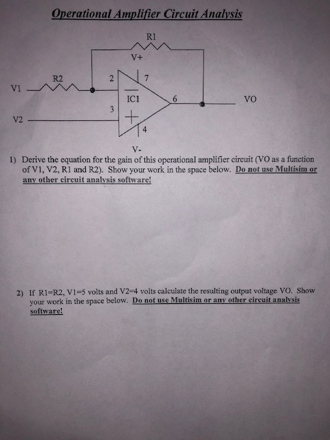 Solved Operational Amplifier Circuit Analysis R1 V+ R2 ICI | Chegg.com