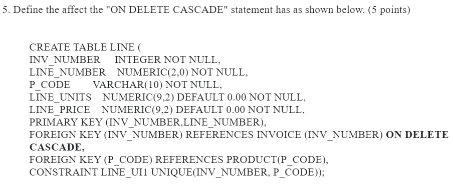 Solved Define the affect the "ON DELETE CASCADE" statement | Chegg.com