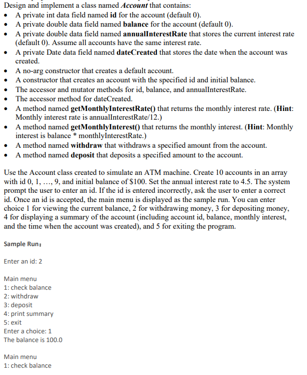 Solved - A private int data field named id for the account | Chegg.com