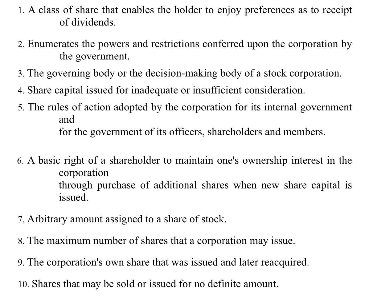 Solved 1. A class of share that enables the holder to enjoy | Chegg.com