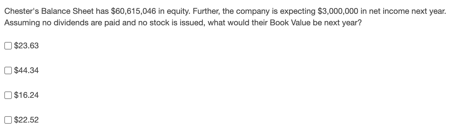 Solved Chester's Balance Sheet has $60,615,046 in equity. | Chegg.com