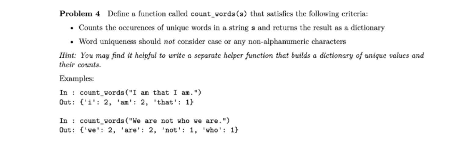 Solved Problem 4 Define a function called count_words(s) | Chegg.com