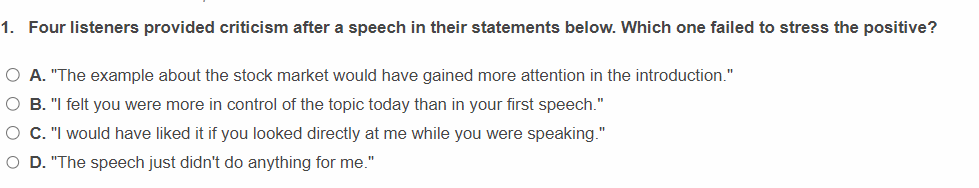 Four listeners provided criticism after a speech in | Chegg.com