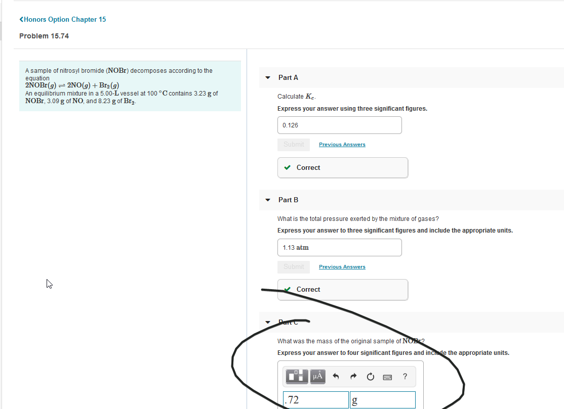 Solved A sample of nitrosyl bromide (NOBr) decomposes | Chegg.com