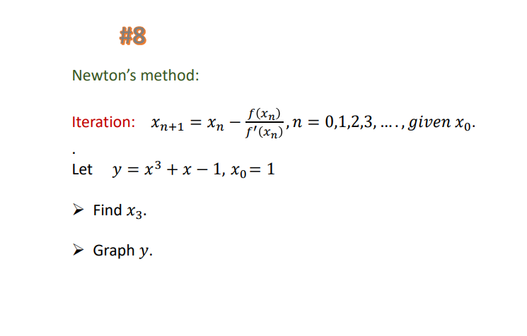 Solved #8 Newton's method: Iteration: Xn+1 = xn f(xn) in = | Chegg.com