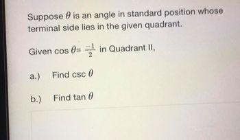 Solved Suppose is an angle in standard position whose | Chegg.com