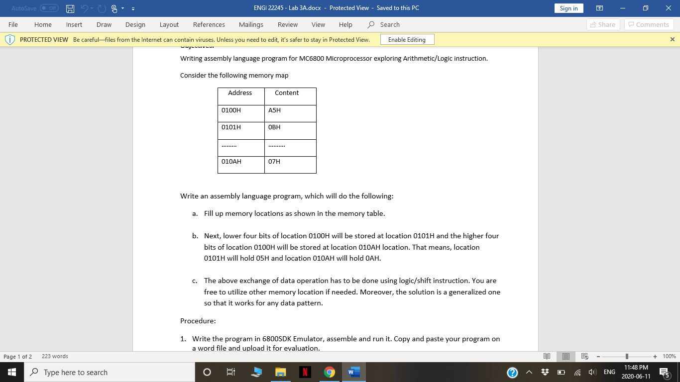 AutoSave H ENGI 22245 - Lab 3A.docx - Protected View | Chegg.com