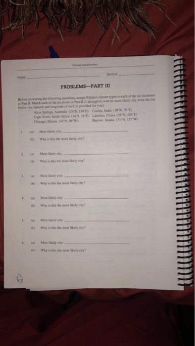 Climate Classification Name Section PROBLEMS-PART II | Chegg.com