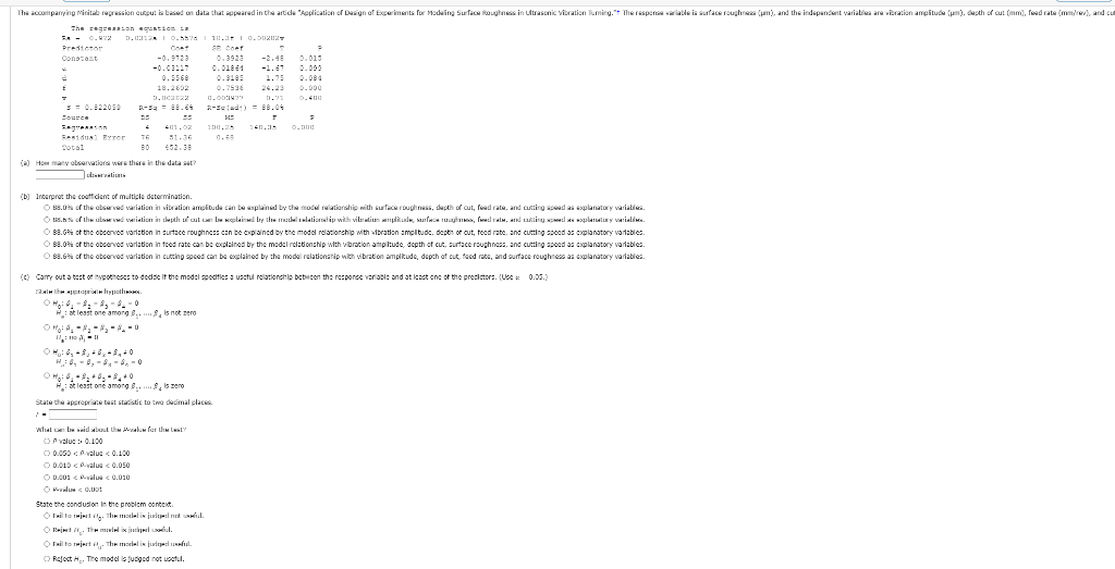 Solved The accompanying Minitab regression output is based | Chegg.com