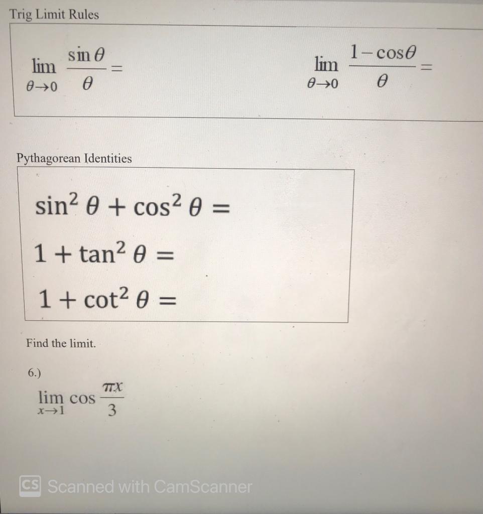 Solved Trig Limit Rules sin e 1-cose lim 00 lim A> e e | Chegg.com
