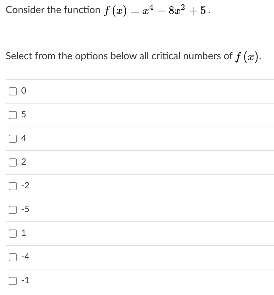 Solved Consider the function f (x) = x4 – 8x2 +5. Select | Chegg.com
