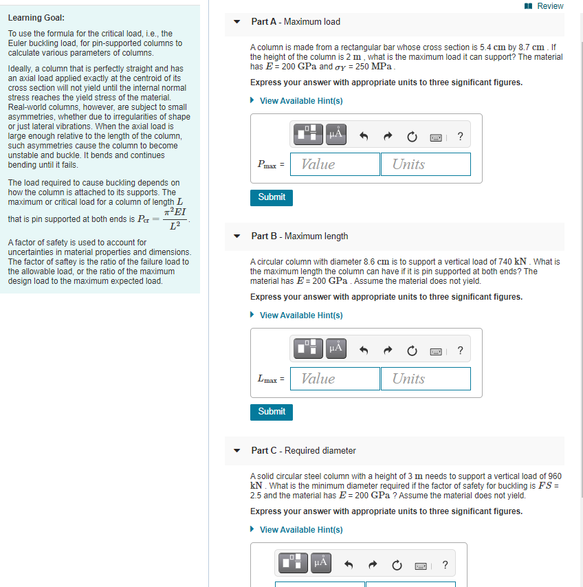 Solved al Review Part A - Maximum load A column is made from | Chegg.com