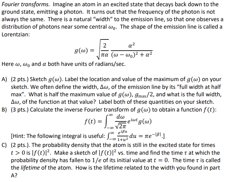 Solved Fourier transforms. Imagine an atom in an excited | Chegg.com
