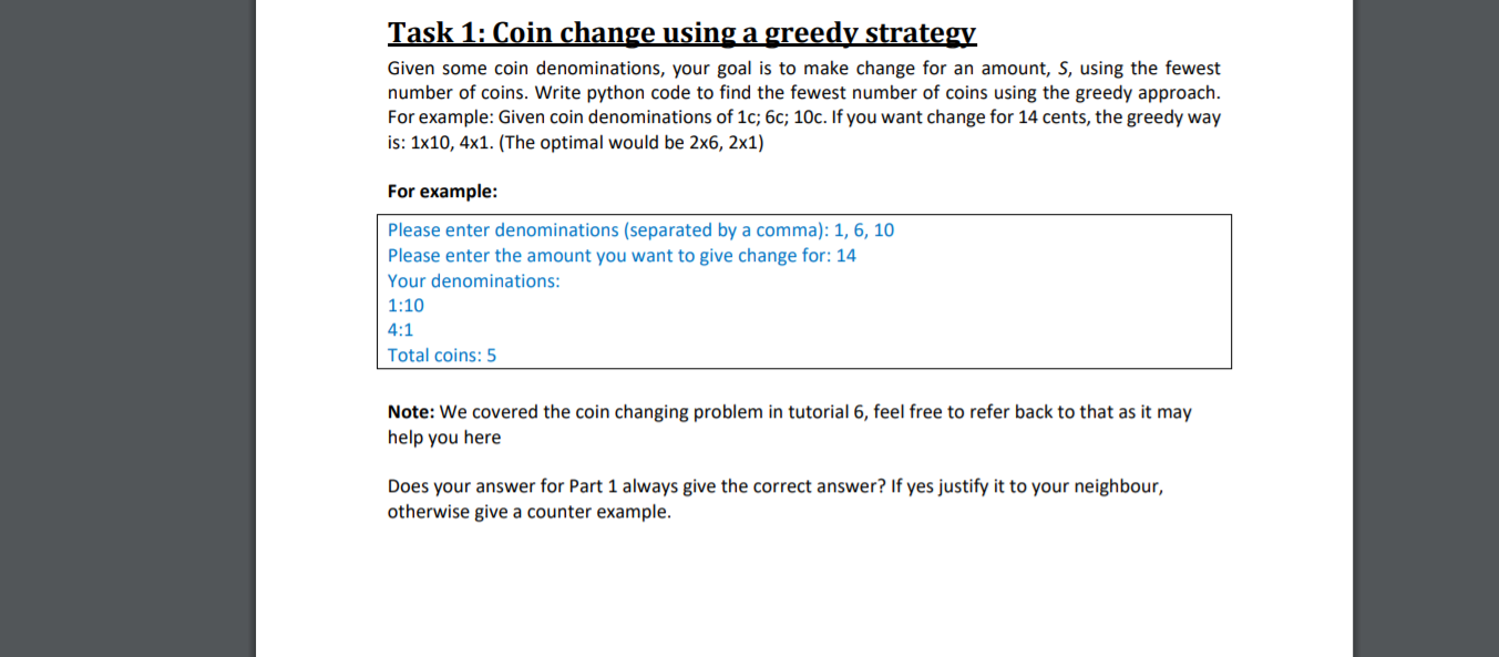 Solved Task 1: Coin change using a greedy strategy Given | Chegg.com