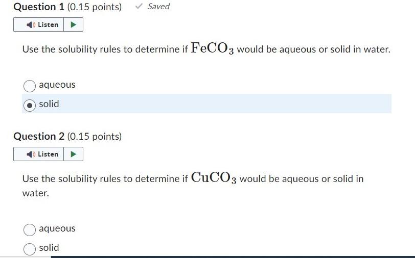 Solved Use the solubility rules to determine if FeCO3 would | Chegg.com