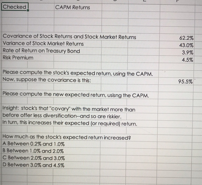 Solved Checked!CAPM Returns Covariance of Stock Returns and | Chegg.com