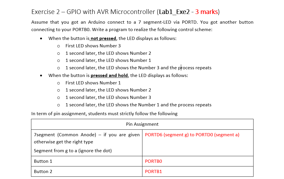 Solved o o Exercise 2 - GPIO with AVR Microcontroller | Chegg.com