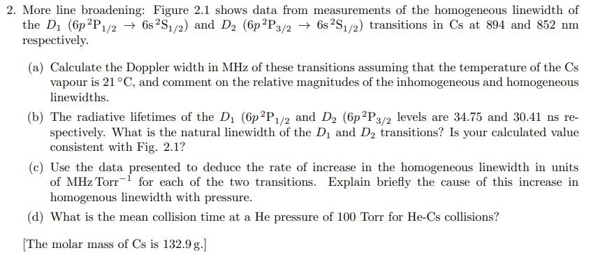 Solved 2. More line broadening: Figure 2.1 shows data from | Chegg.com