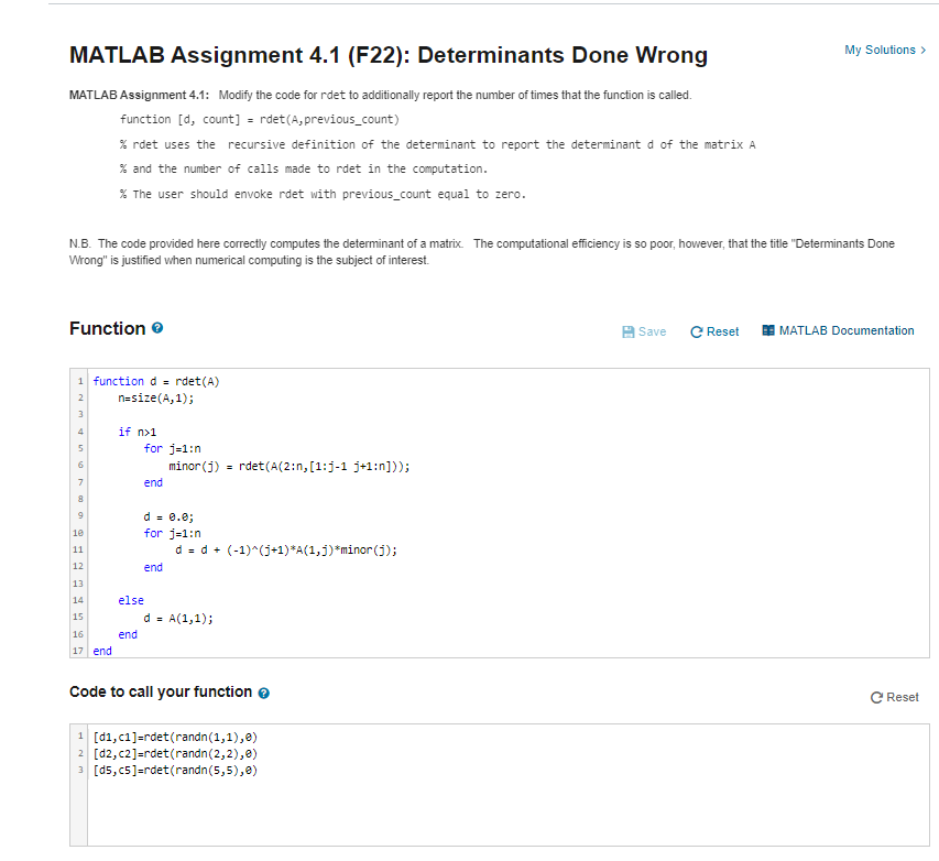 Solved Matlab Assignment 4 1 F22 Determinants Done Wrong