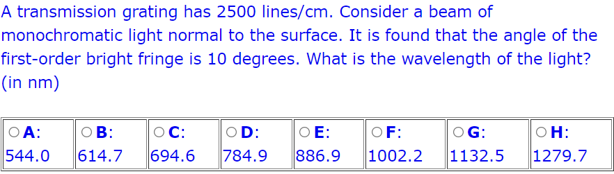 Solved A transmission grating has 2500 lines /cm. Consider a | Chegg.com