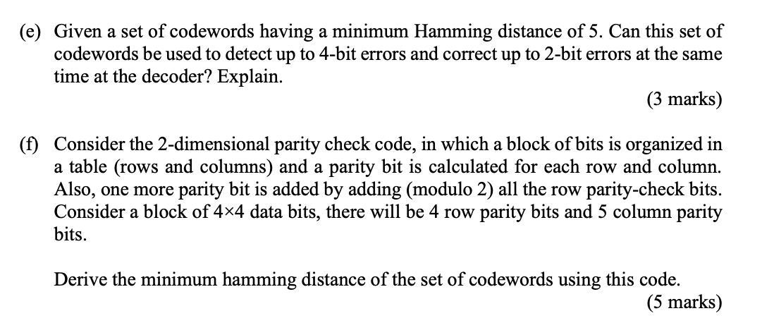 Solved (e) Given a set of codewords having a minimum Hamming | Chegg.com