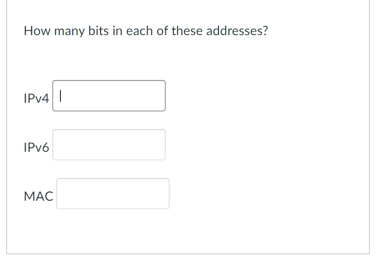 Solved How many bits in each of these addresses? IPv4 | IPv6 | Chegg.com
