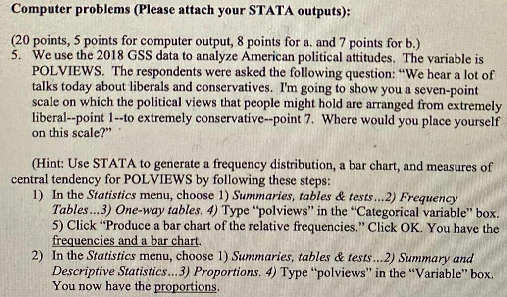 Computer problems (Please attach your STATA outputs): | Chegg.com