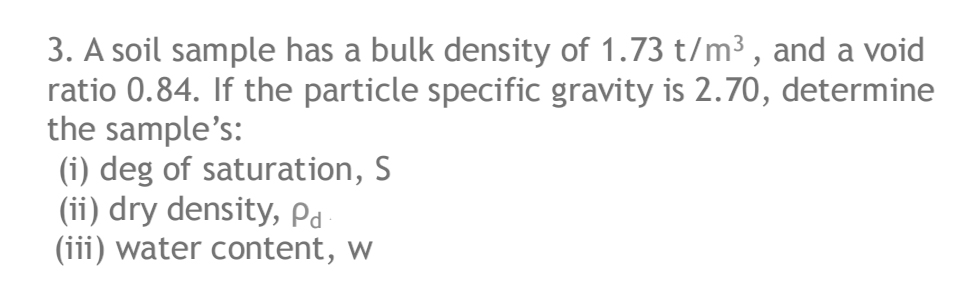 Solved 3. A soil sample has a bulk density of 1.73t/m3, and | Chegg.com