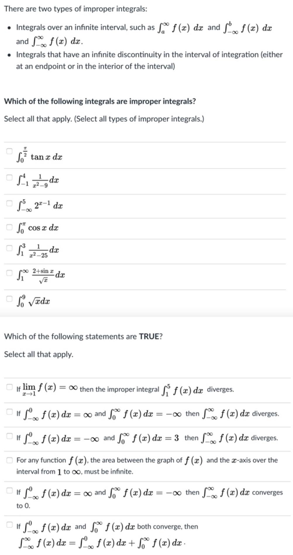 Solved There are two types of improper integrals: • | Chegg.com