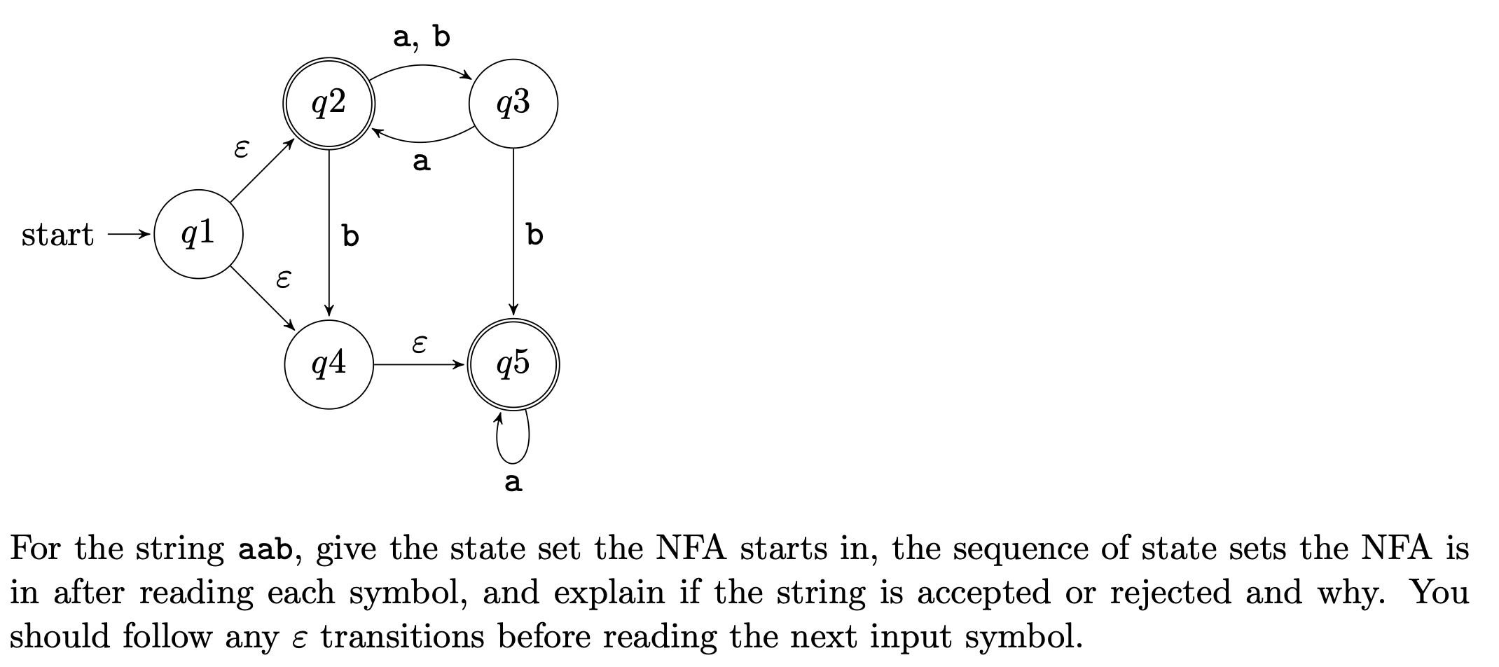 Solved For the string aab, give the state set the NFA starts | Chegg.com