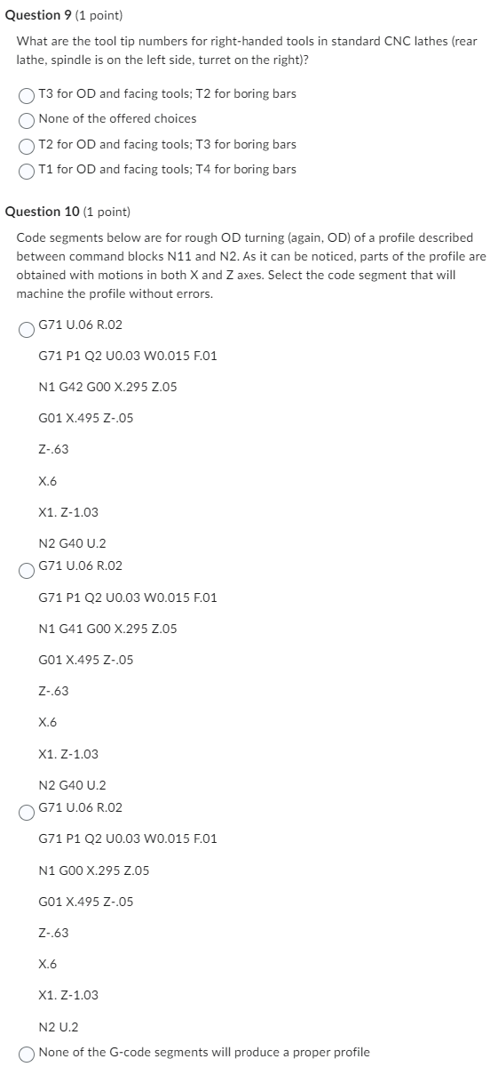 Solved Question 9 (1 point) What are the tool tip numbers | Chegg.com