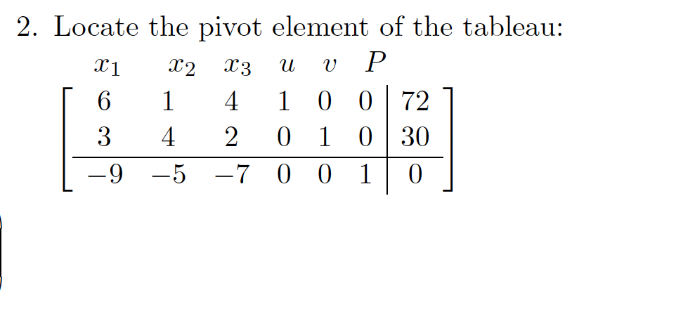 Solved 2. Locate the pivot element of the tableau: | Chegg.com