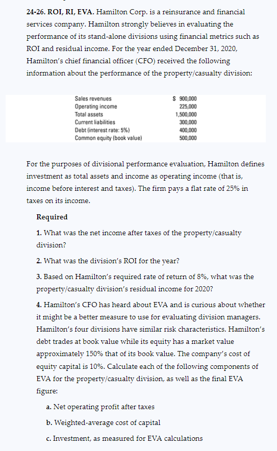 Solved 24-26. ROI, RI, EVA. Hamilton Corp. is a reinsurance | Chegg.com