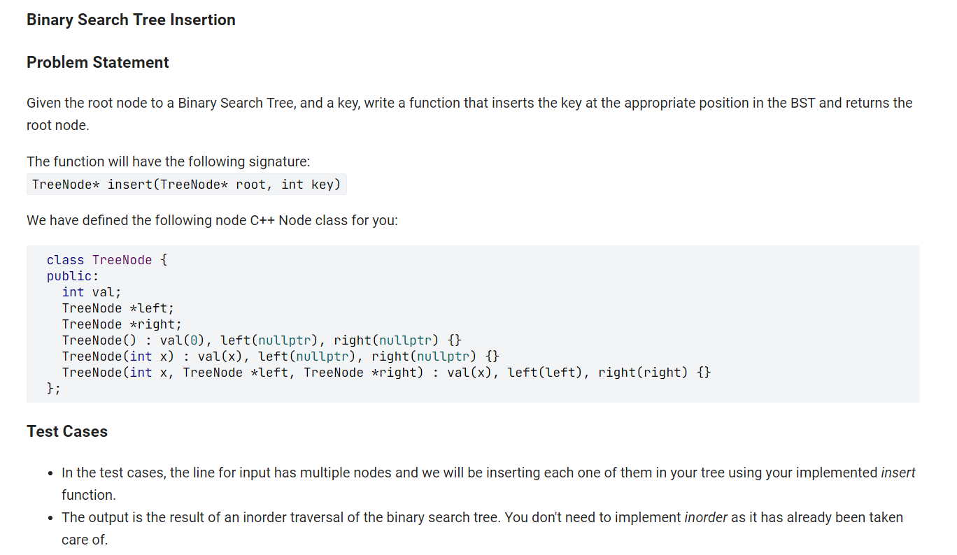 Solved Binary Search Tree Insertion Problem Statement Given | Chegg.com