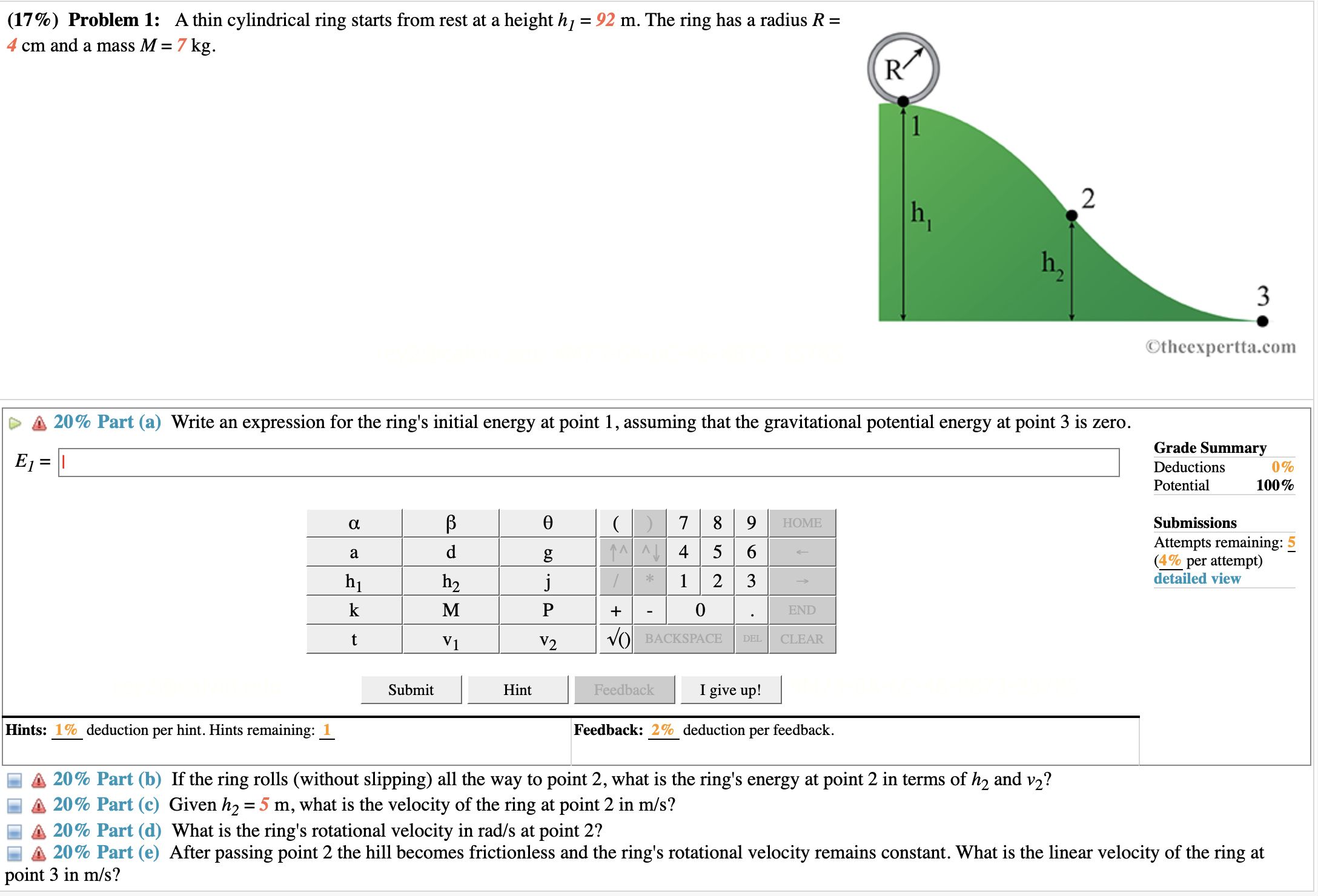 Solved (17\%) Problem 1: A thin cylindrical ring starts from | Chegg.com