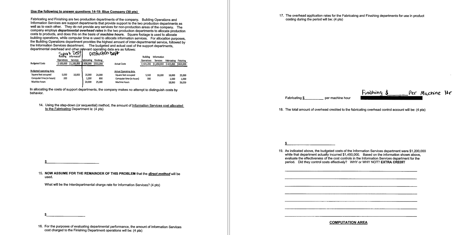 Use the following to answer questions 14-19: Blue | Chegg.com