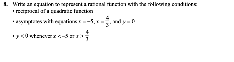 Solved 8. Write an equation to represent a rational function | Chegg.com