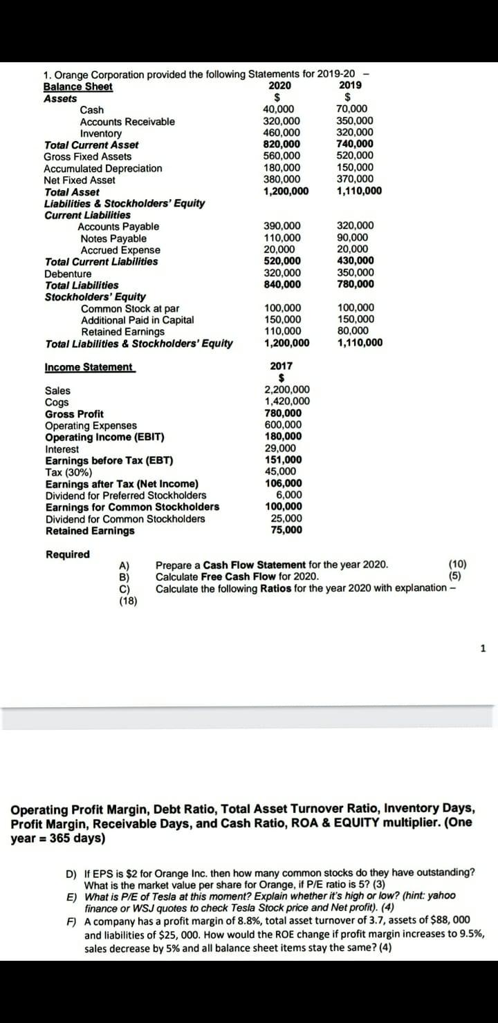 Solved 1. Orange Corporation provided the following | Chegg.com