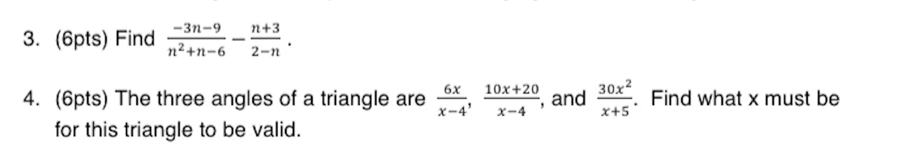 Solved ከ n+3 3. (pts) Find -3n-9 n2+n-6 2-n 10x +20 30x2 6x | Chegg.com