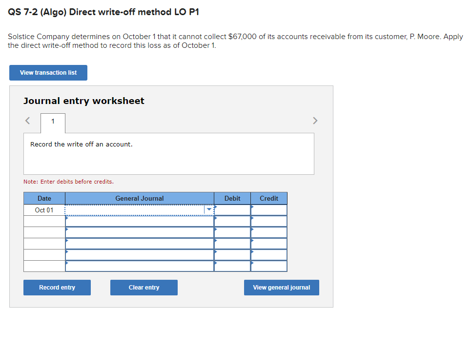 Solved QS 7-2 (Algo) Direct write-off method LO P1 Solstice | Chegg.com