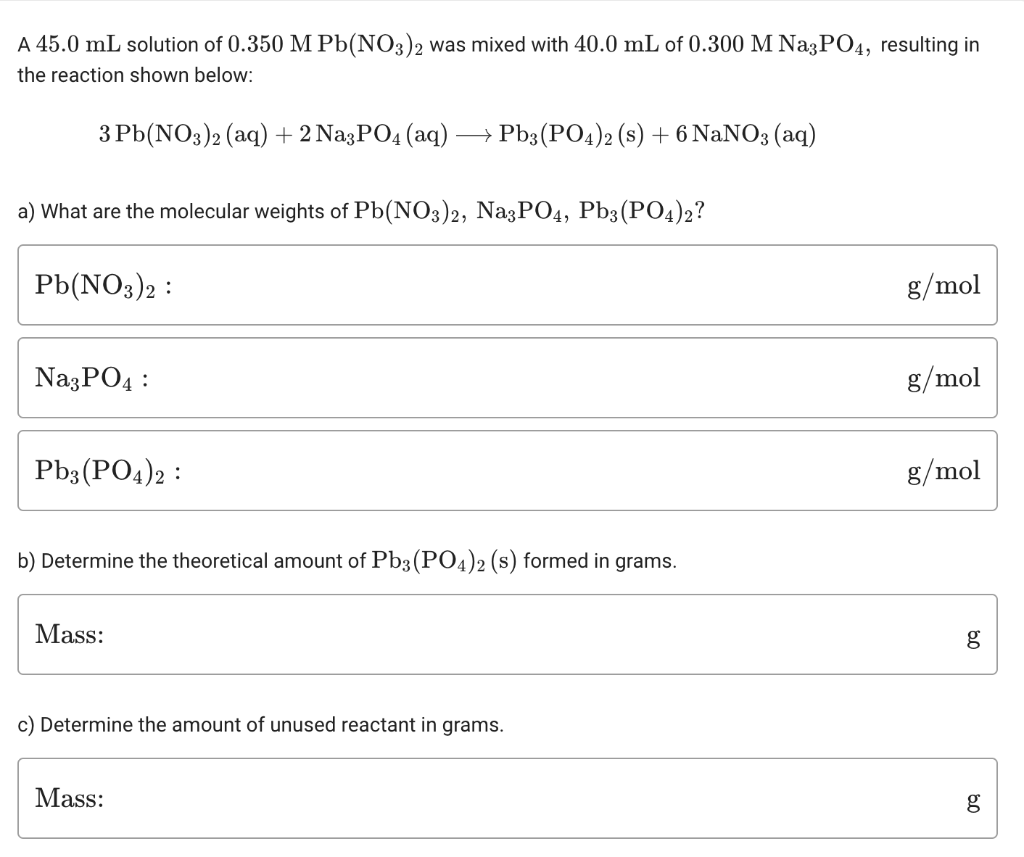 Solved A 45.0 mL solution of 0.350 M Pb(NO3)2 was mixed with | Chegg.com