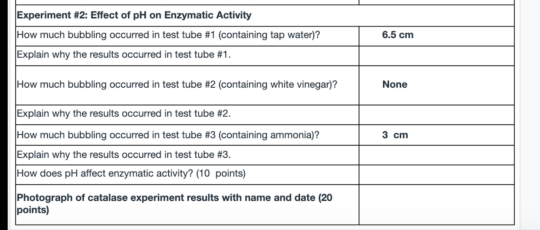 Solved experiment 2 details: Test tube 1 potato, distilled | Chegg.com