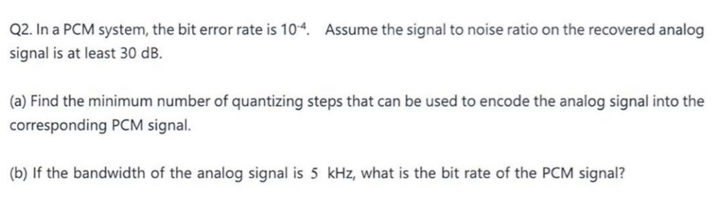 Solved Q2. In a PCM system, the bit error rate is 10-4. | Chegg.com