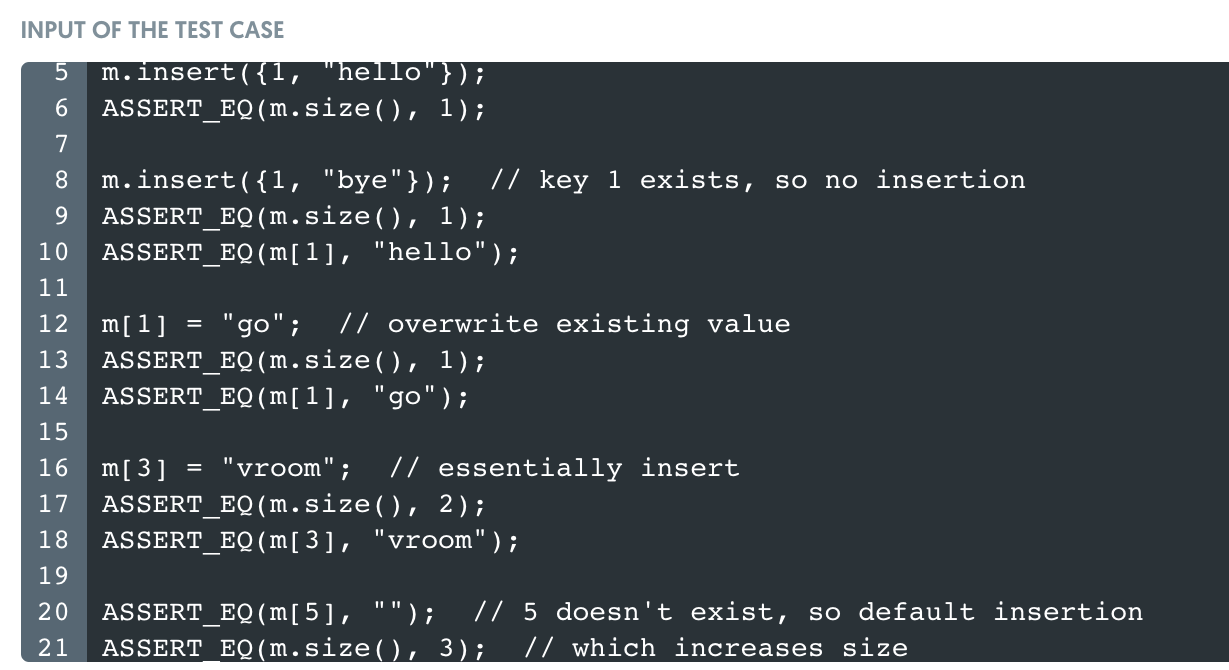 Solved INPUT OF THE TEST CASE 1 2 Map m; ASSERT_EQ(m.size(), | Chegg.com